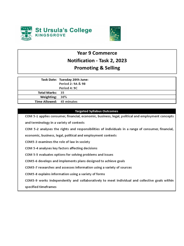 Year 9 Commerce Assessment Two Notification | PDF