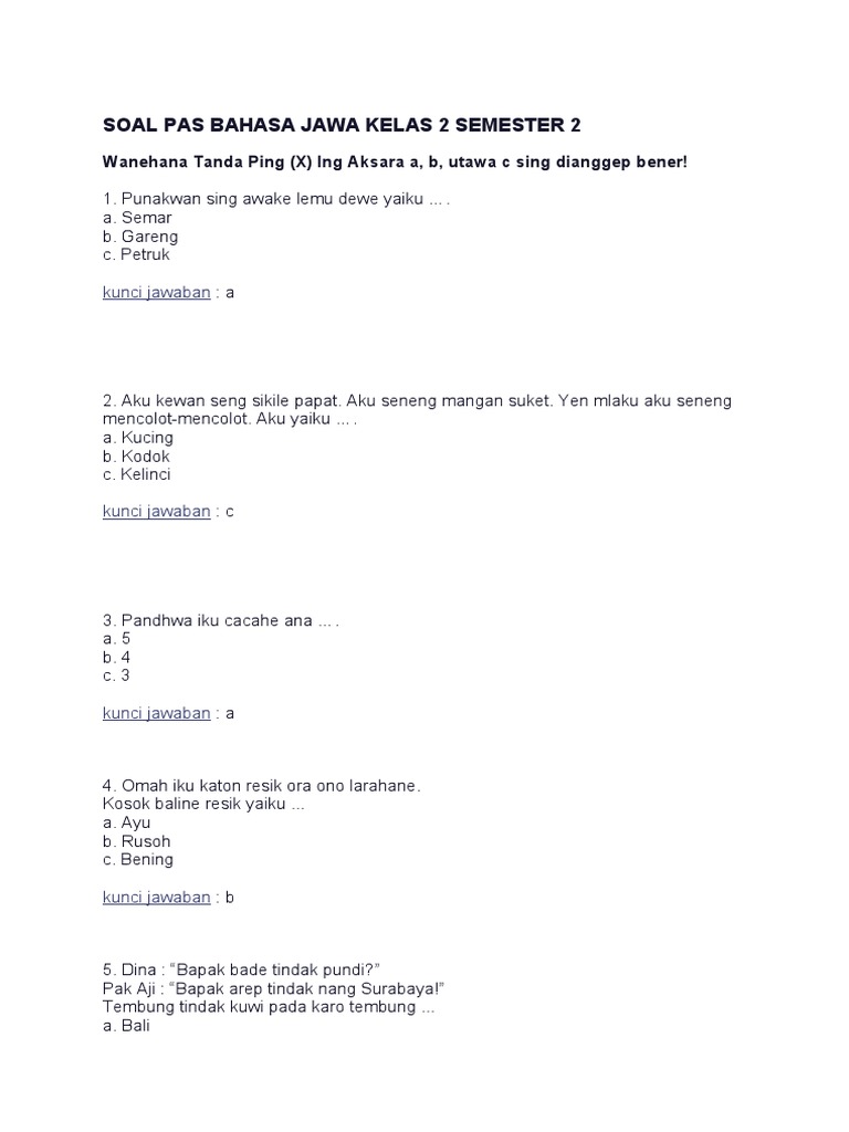 Soal Pas Bahasa Jawa Kelas 2 Semester 2 | PDF