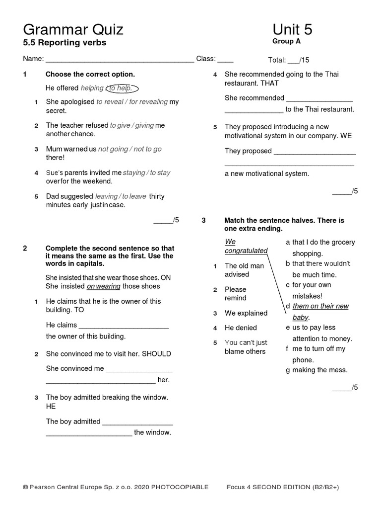 Focus4 2E Grammar Quiz Unit5.5 GroupA 2kol | PDF | Linguistics
