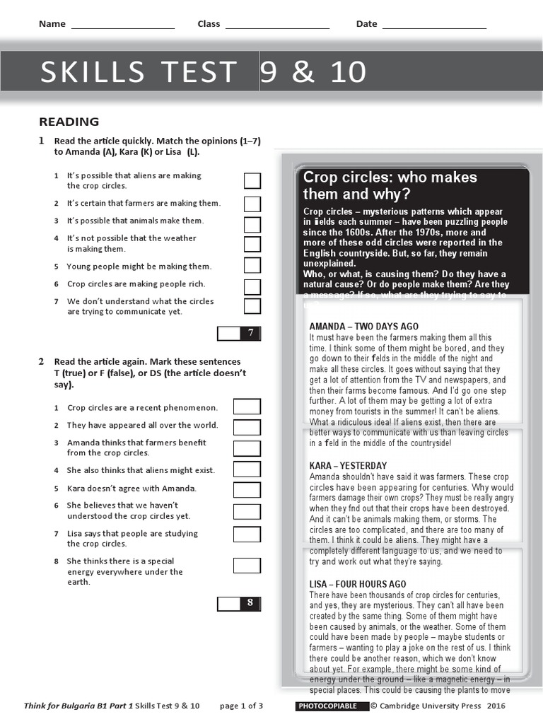 Think For Bulgaria B1 Part 1 Skills Test Units 9-10 | PDF