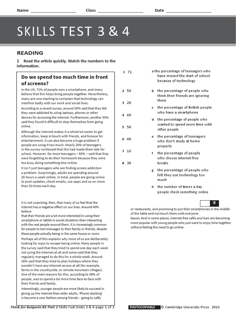 Think For Bulgaria B1 Part 2 Skills Test Units 3-4 | PDF