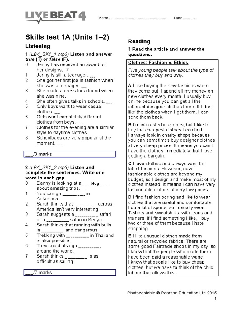 LB4 Skills Test 1A | PDF | Car | Clothing