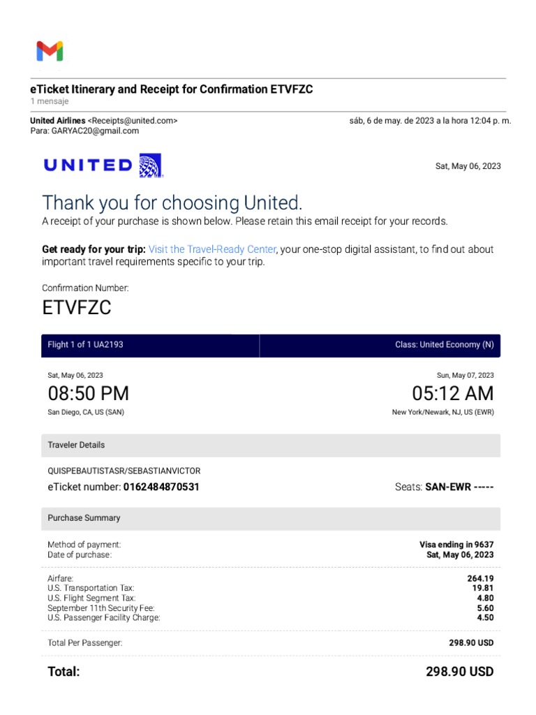 Gmail - ETicket Itinerary and Receipt For Confirmation ETVFZC | PDF ...