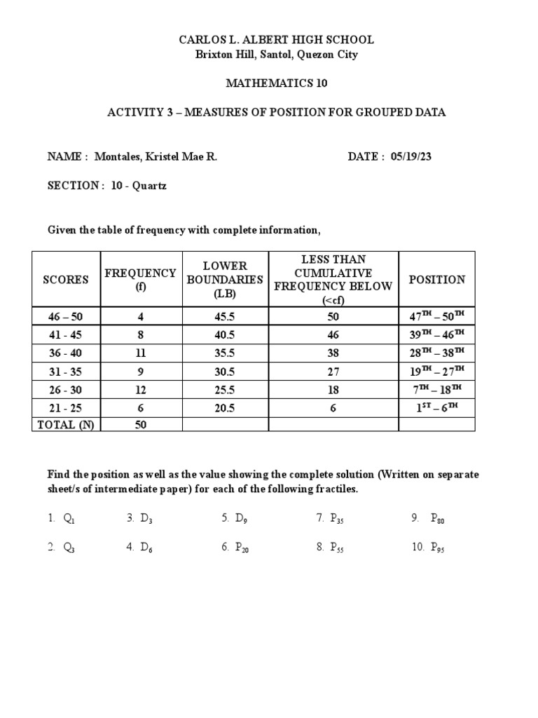 Activity 3 Measures of Position For Grouped Data | PDF