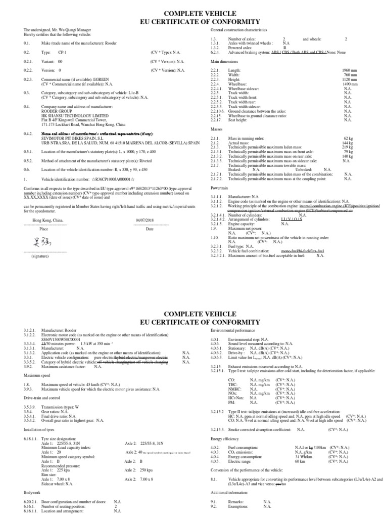 COMPLETE VEHICLE EU CERTIFICATE OF CONFORMITY Citycoco Harley Electric ...