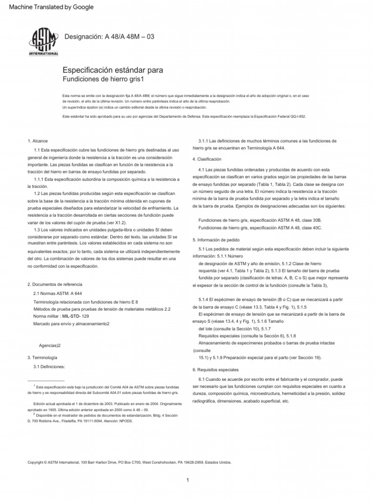 ASTM A48A48M 2003 Standard Specifications of Gray Iron Castings | Descargar gratis PDF ...