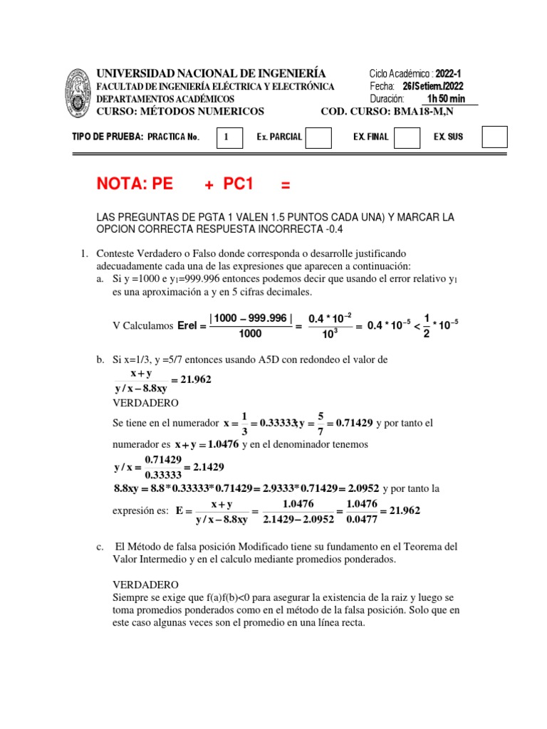 MN pc1 01 Sem - 22 1 - Solucionario | PDF