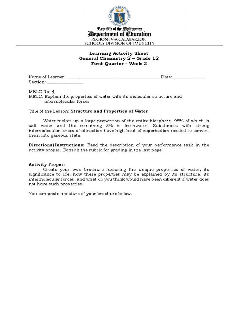 Learning Activity Sheet General Chemistry 2 - Grade 12 First Quarter ...