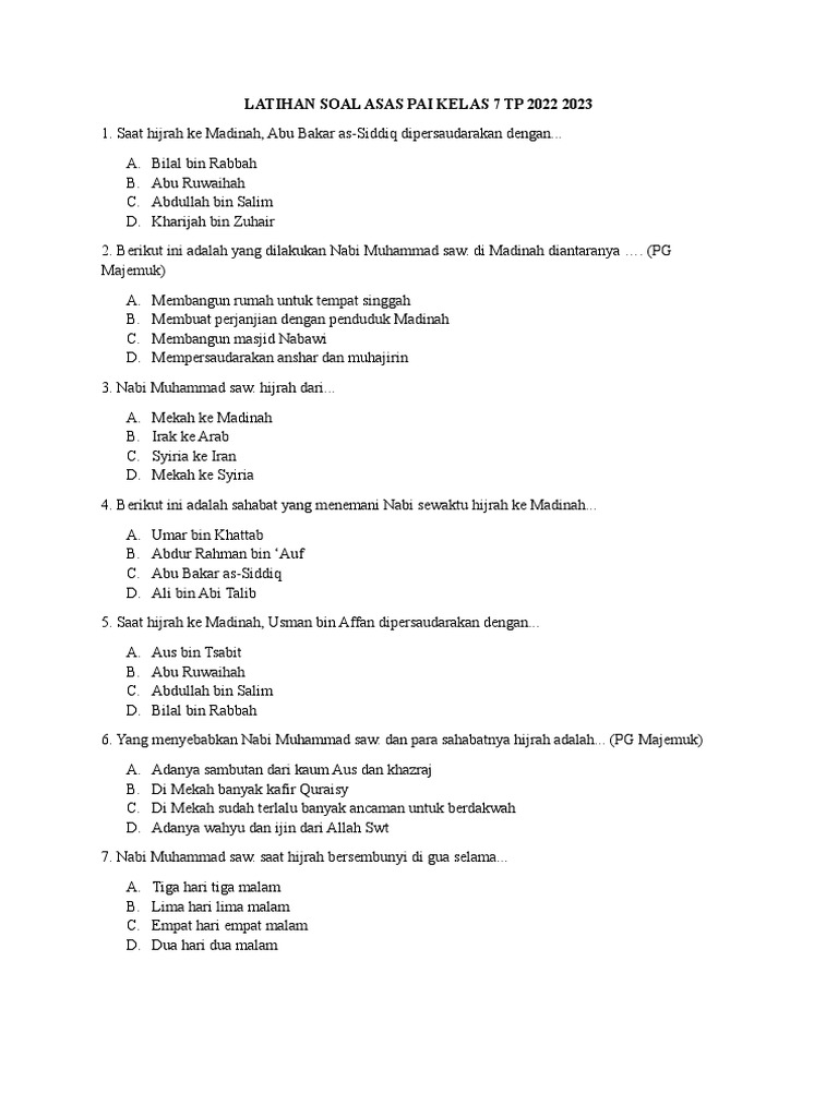 Latihan Soal Asas Pai Kelas 7 TP 2022 2023 | PDF