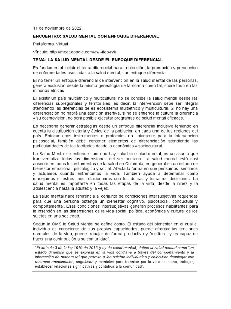 Salud Mental y Enfoque Diferencial | PDF | Salud mental | Trastorno mental