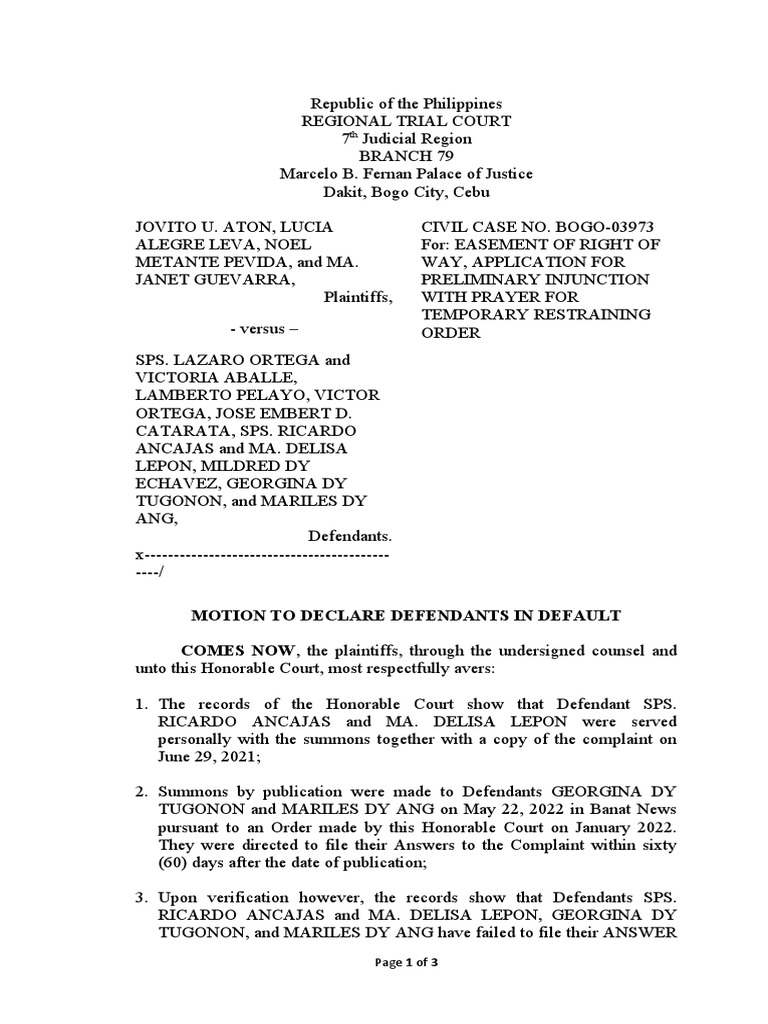 Motion to Declare Defendants in Default | PDF | Complaint | Justice