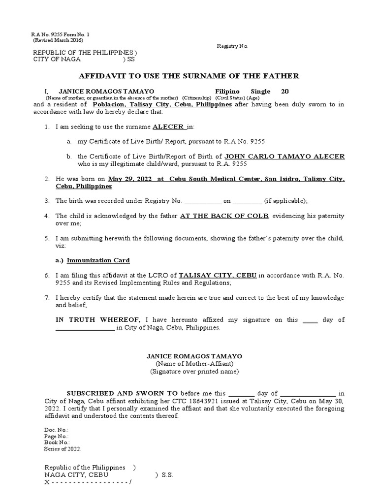 Ausf - Alecer | PDF | Affidavit | Birth Certificate