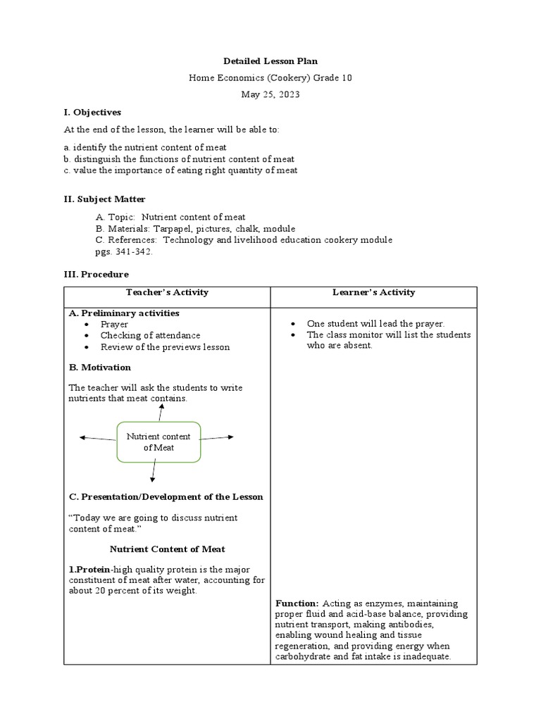 Nutrient Content of Meat Lesson Plan | PDF | Blood | Nutrients