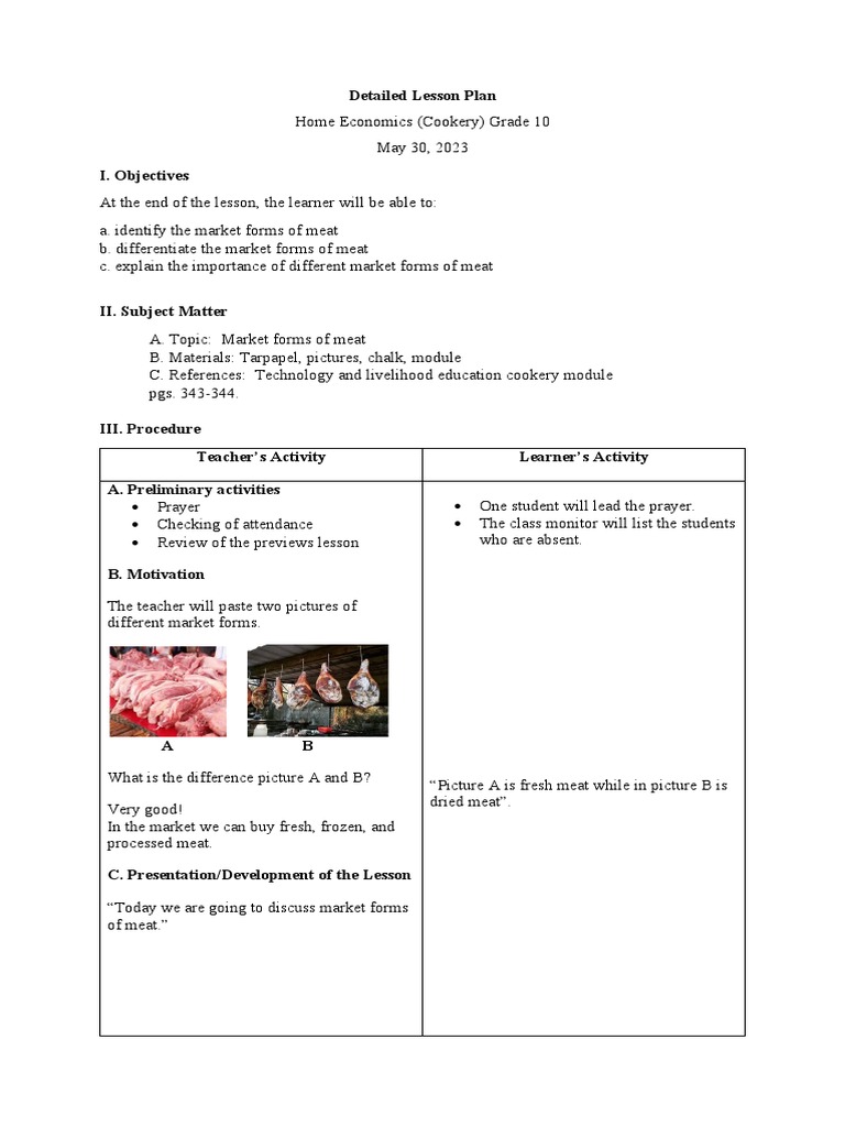 Lesson Plan Tle Market Forms | PDF | Cooking, Food & Wine | Wellness