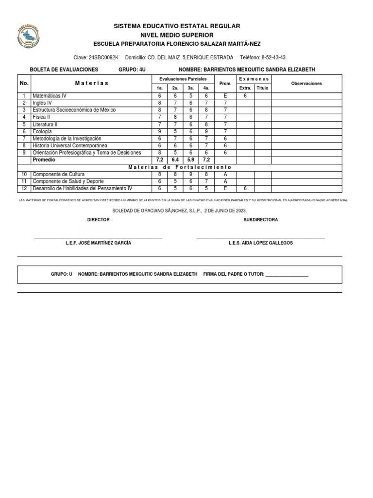 Boleta de Evaluaciones Preparatoria | PDF | Science