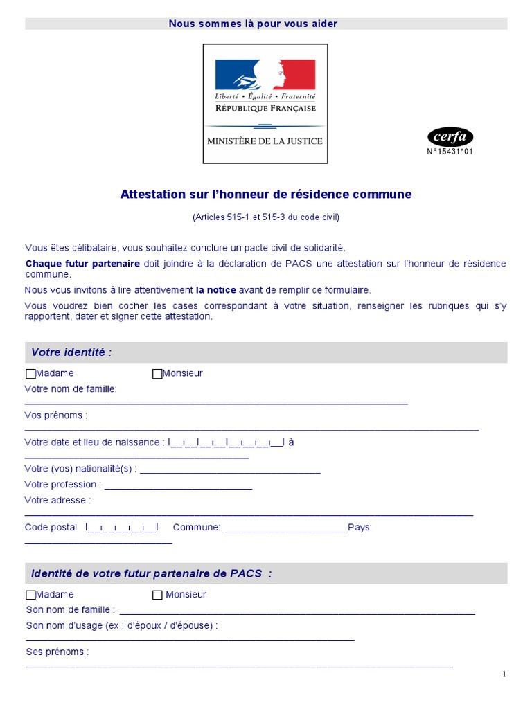 Attestation Sur L Honneur de Residence Commune | PDF
