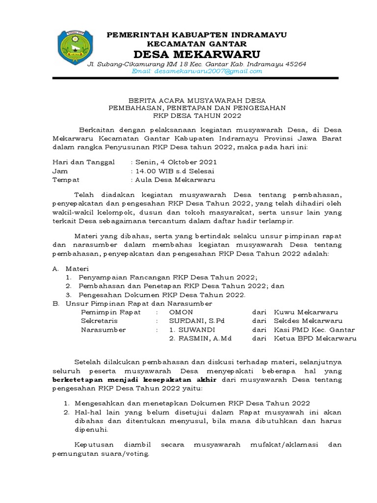 BA, Musdes Pengesahan RKP Desa 2022 | PDF