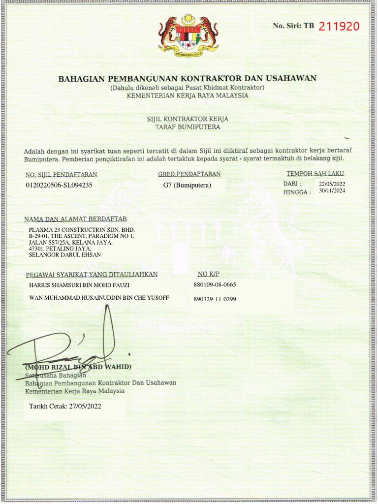 Sijil Kontraktor Kerja Taraf Bumiputera | PDF