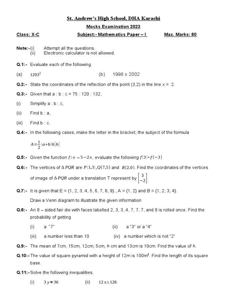Class 10C - Mathematics Paper 1 | PDF | Mathematics | Mathematical Concepts