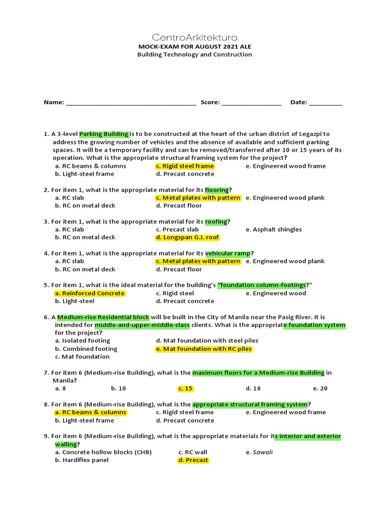 AMock Exam For Building Construction August 2021 ALE Answer Key ...