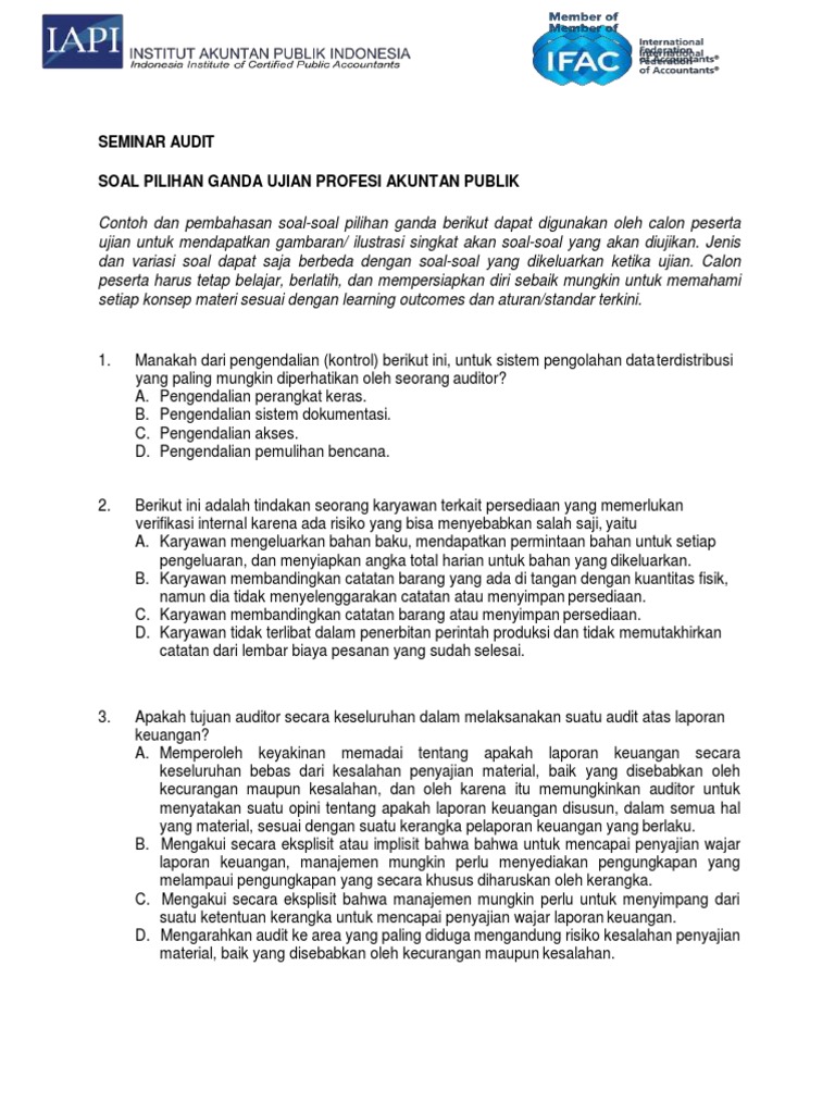 Soal Seminar Auditing Dan Asurans Tingkat Dasar | PDF | Pengelolaan ...