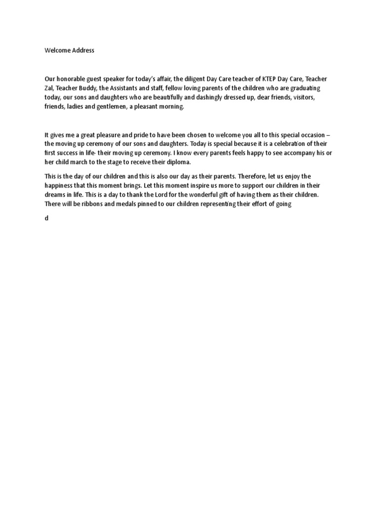 Welcome Address - Moving Up Ceremony Kindergarten 1 | PDF | Wellness
