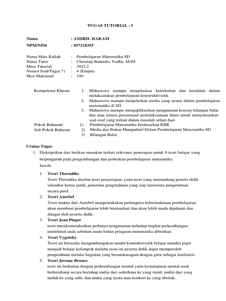 TT 1 MTK - Amiril Hakam - 857218355 | PDF | Metode & Bahan Ajar