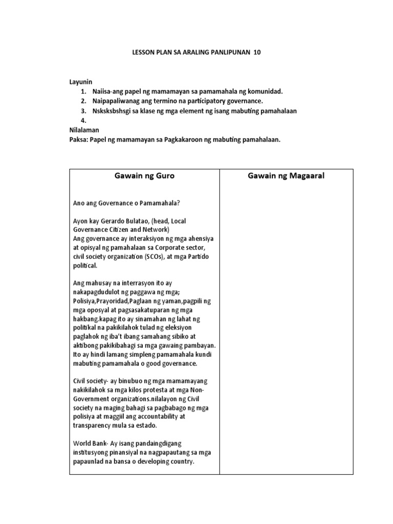 Lesson Plan Sa Araling Panlipunan 10 | PDF