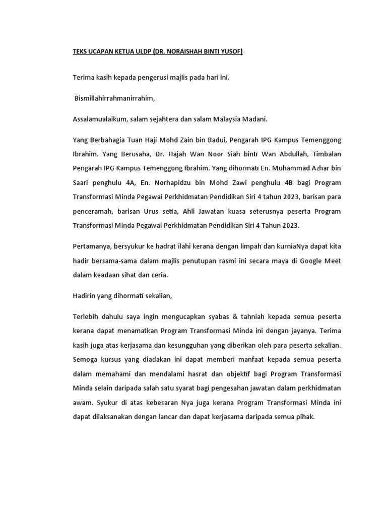 Teks Ucapan Ketua Unit LDP | PDF Teks Ucapan Ketua Unit LDP | PDF