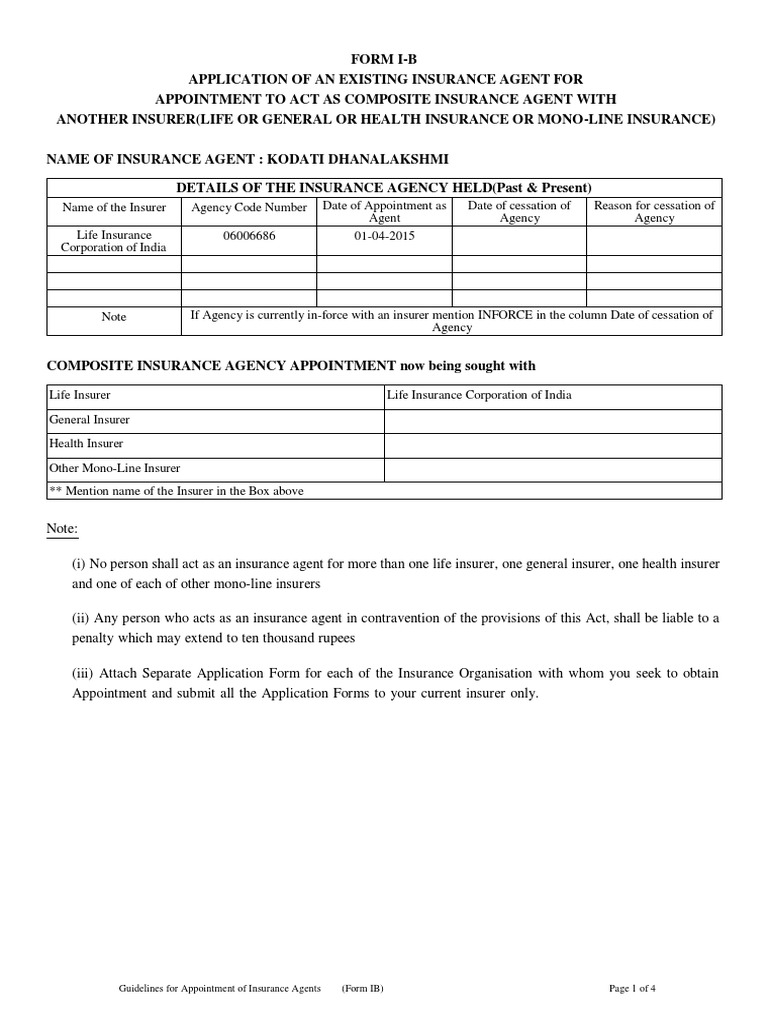 Guidelines For Appointment of Insurance Agents (Form IB) Page 1 of 4 ...