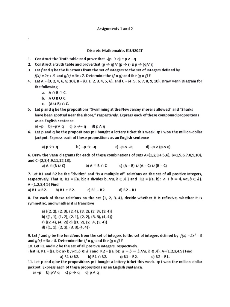 Assignments 1 and 2 Discrete Mathematica | PDF | Mathematical Logic | Logic