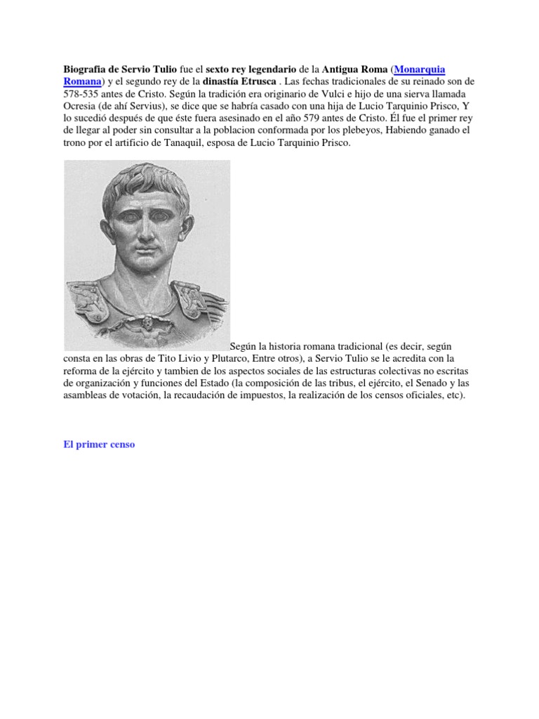 Biografia de Servio Tulio Fue El Sexto Rey Legend a Rio de La Antigua Roma