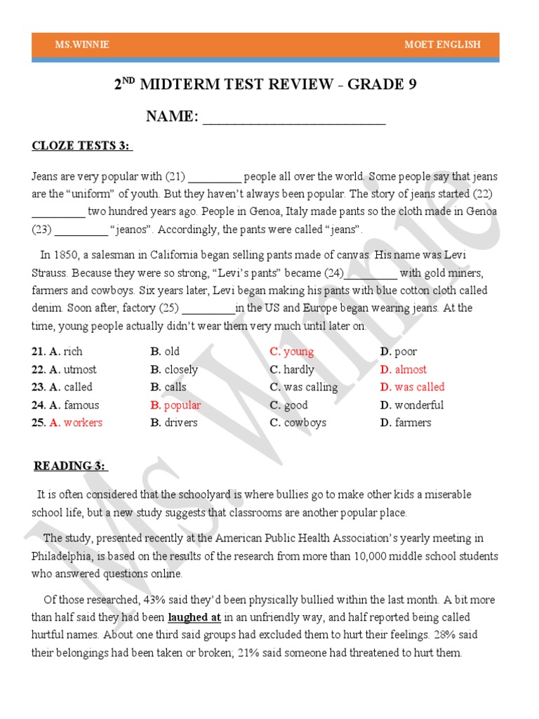 Reading Practice For Test-2 - Grade 9 - Answerkey | PDF | Jeans