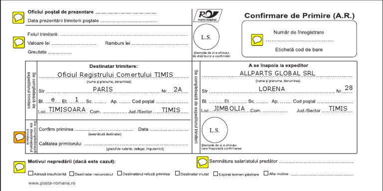 Formular Confirmare de Primire AR - ORC TIMIS | PDF