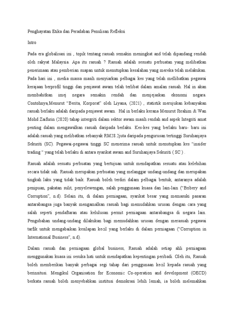 Penghayatan Etika Dan Peradaban Penulisan Refleksi | PDF