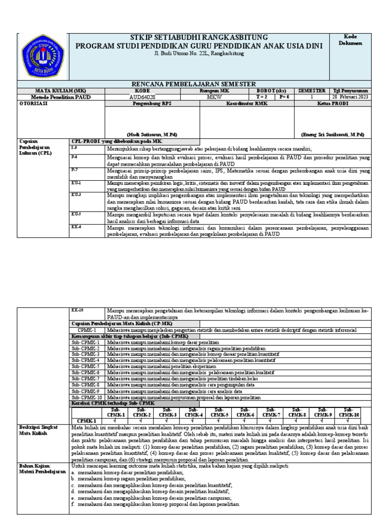RPS Metode Penelitian AUD 2023 | PDF | Karier & Perkembangan