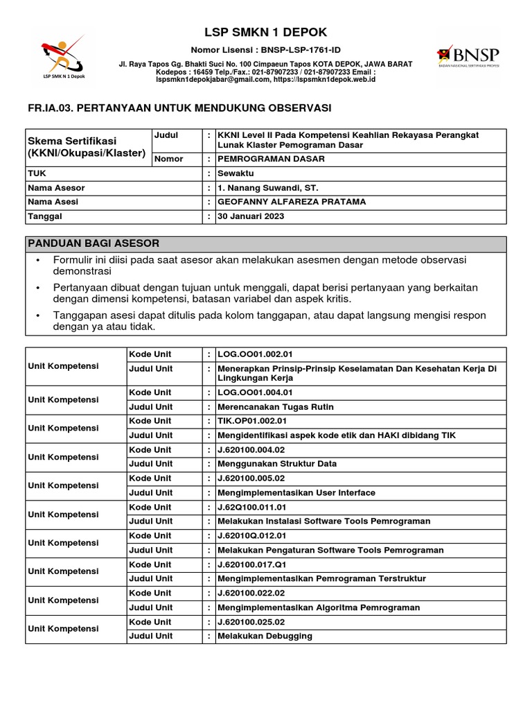 FR-IA-03-KKNI Level II Pada Kompetensi Keahlian Rekayasa Perangkat Lunak Klaster Pemograman ...