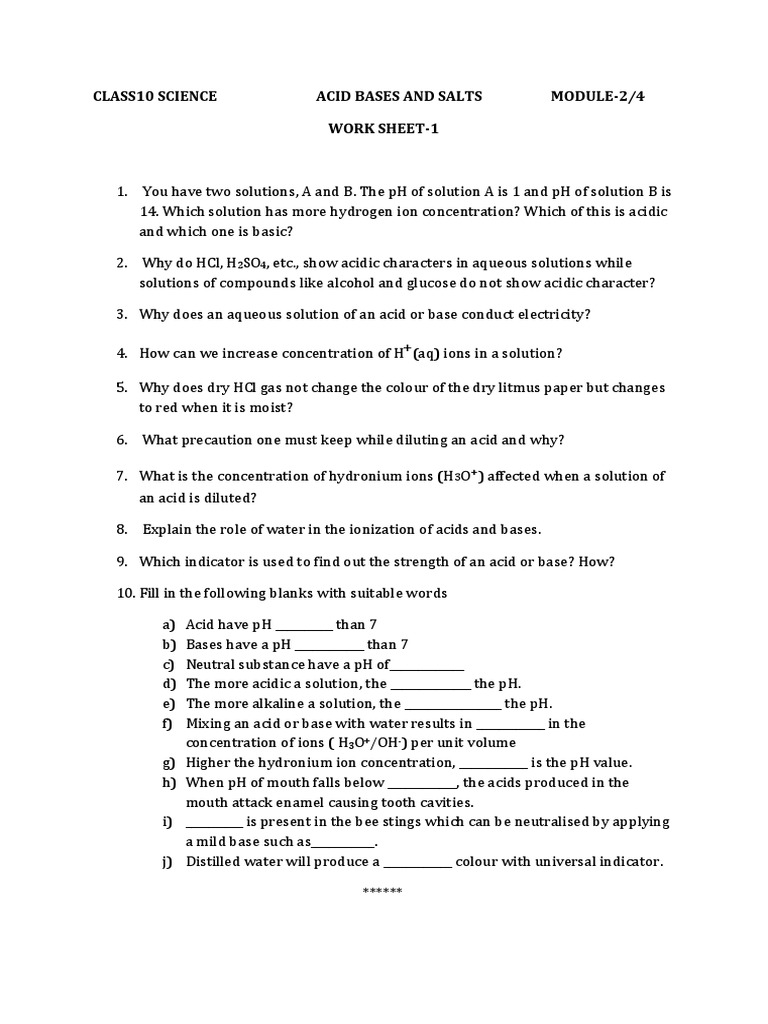 Class 10 Science: Acids & Bases Worksheet | PDF | Foreign Language Studies