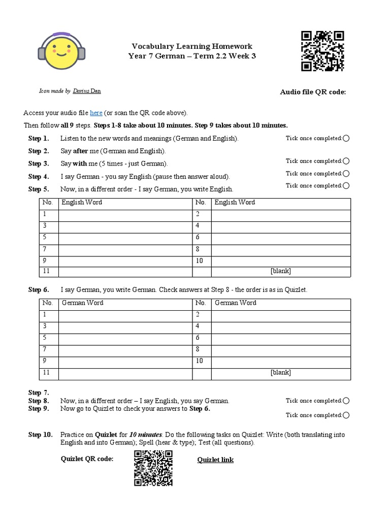 German Y7 T2.2 Week 3 Vocab Learning Worksheet | PDF