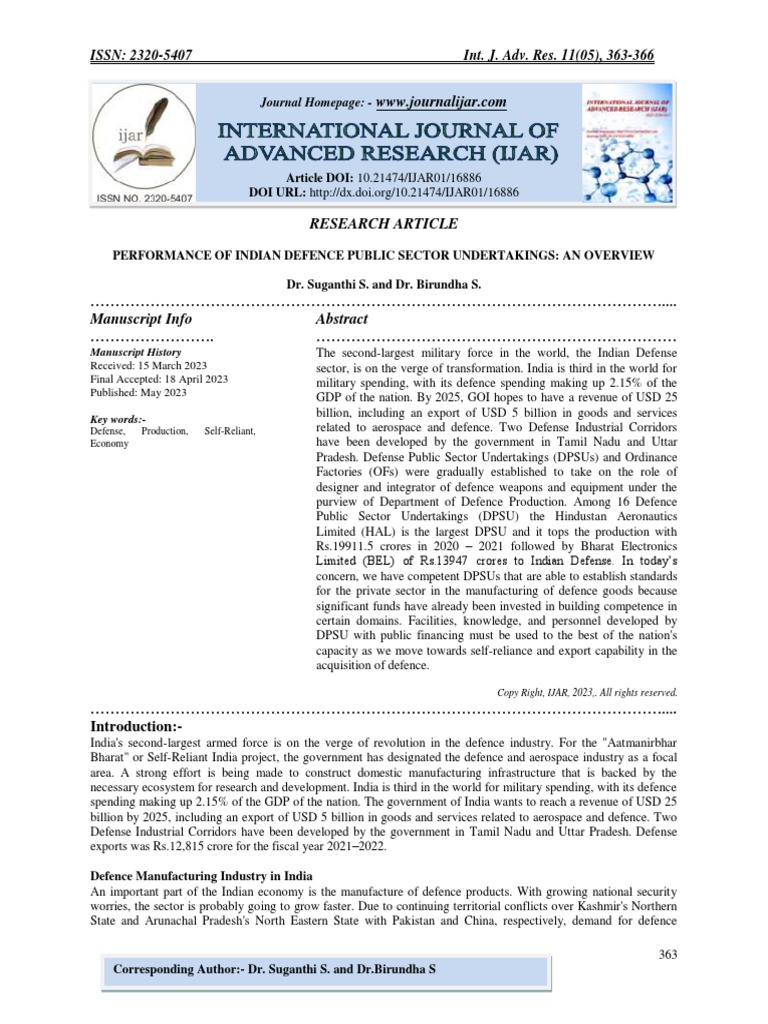 Performance of Indian Defence Public Sector Undertakings: An Overview ...
