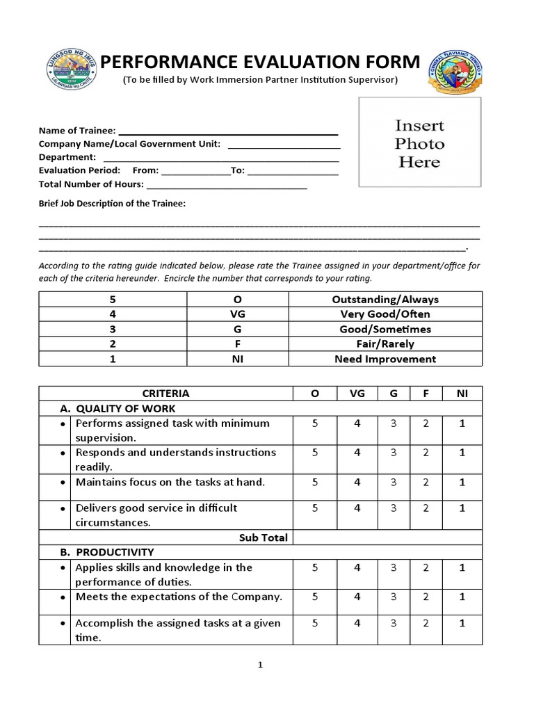Work Immersion Trainee Evaluation Form | PDF | Performance Appraisal ...