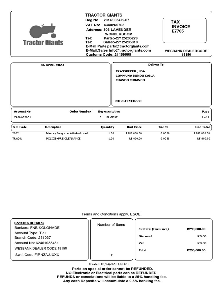 Tractor Giant Transperfil Tax Invoice | PDF | Service Industries | Trade