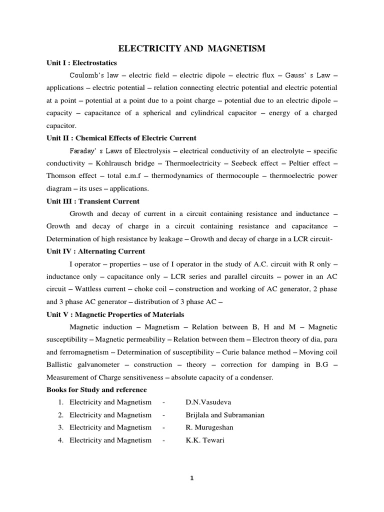 Electricity and Magnetism: Unit I: Electrostatics | PDF | Capacitance ...