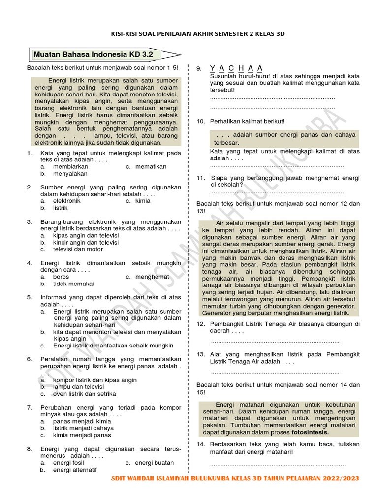 Kisi-Kisi Soal Kelas 3D | PDF | Griya & Taman | Teknologi & Rekayasa