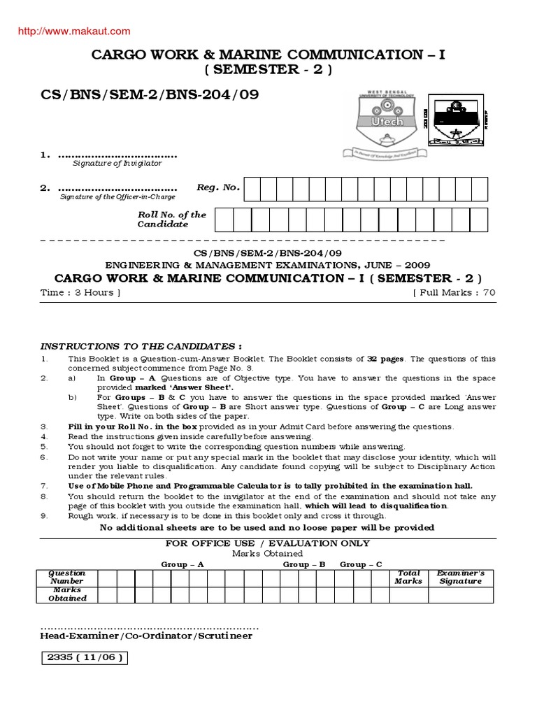 Bns 2 Sem Cargo Work and Marine Communication 1 2009 | PDF