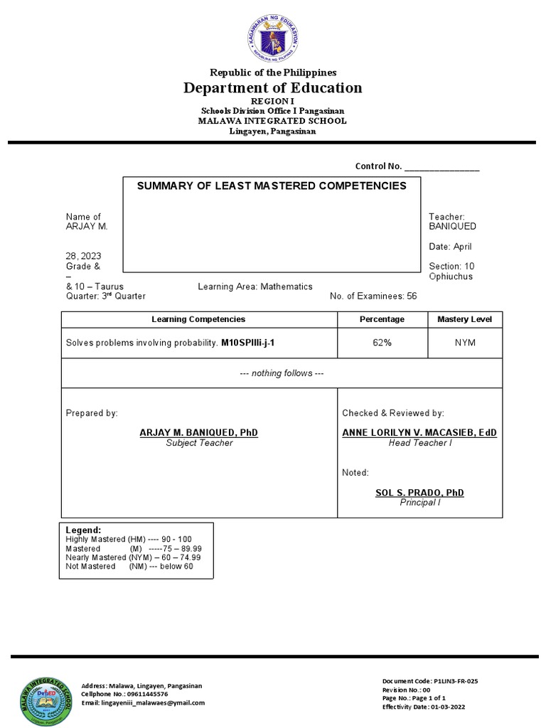 P1LIN3-FR-025-SUMMARY-OF-LEAST-MASTERED-COMPETENCIES (3rd Quarter Grade 10 Math) | PDF ...