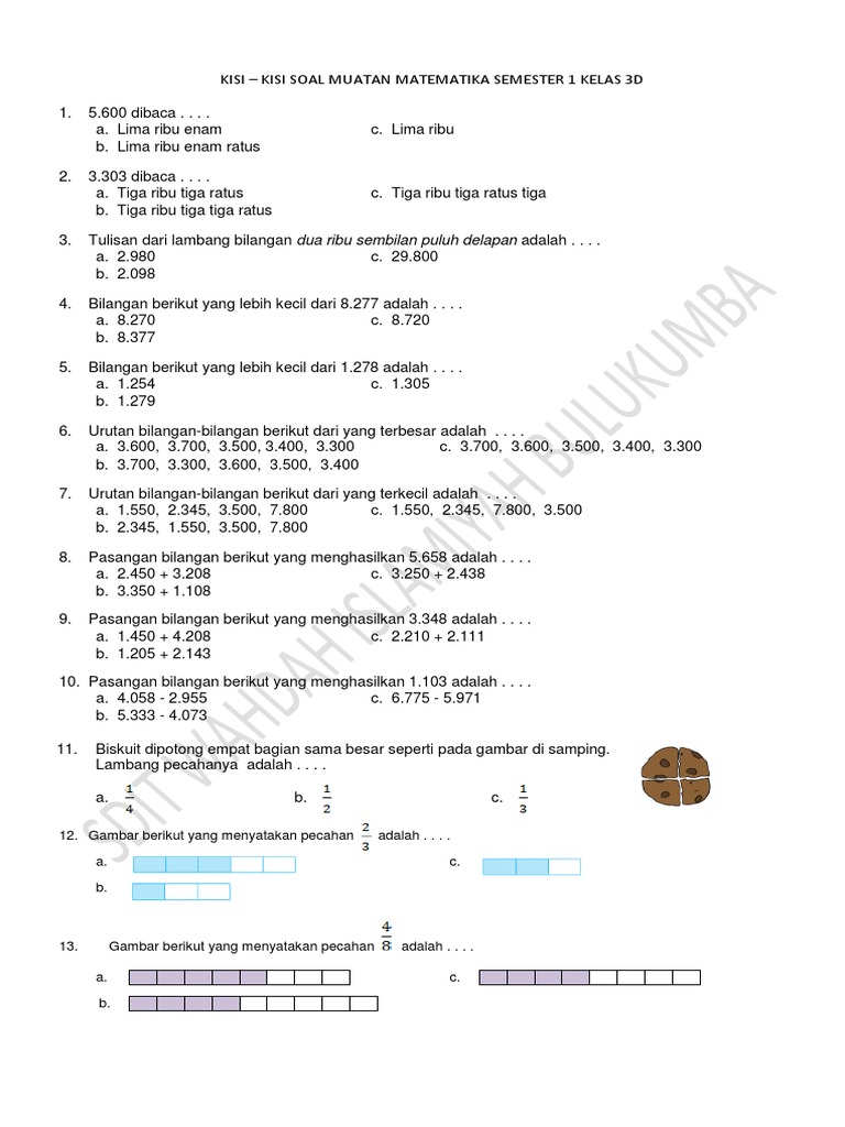 Kisi Kisi Soal Pas Matematika KLS 3 D | PDF