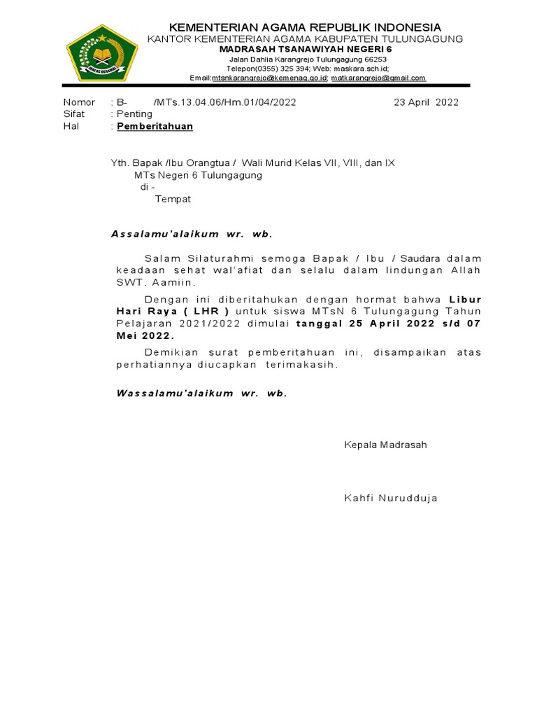 Surat Pemberitahuan Libur Puasa | PDF