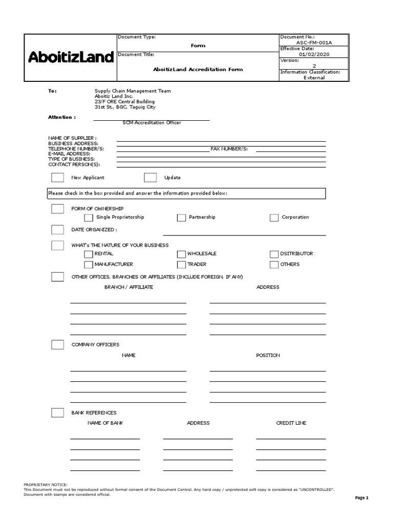 ASC FM 001A AboitizLand Accreditation Form | PDF | Receipt | Warehouse