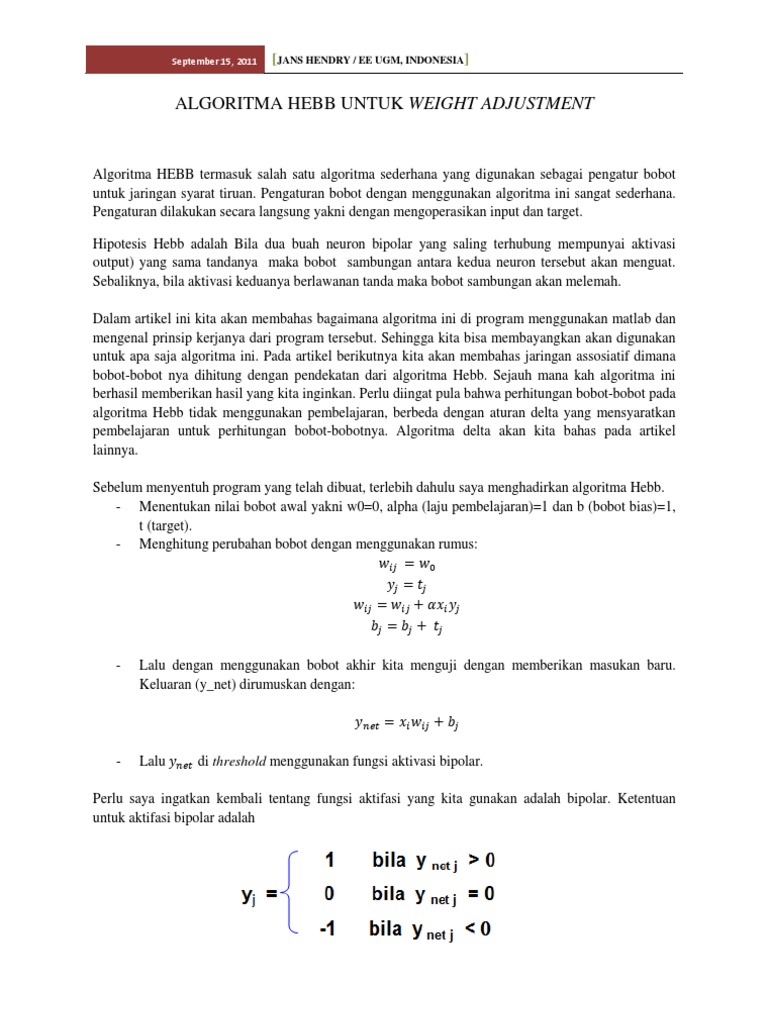 Algoritma Hebb Untuk Weight Adjustment Pada Jaringan Syaraf Tiruan (JST ...